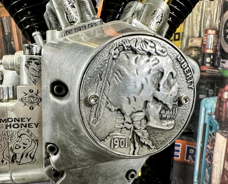 Gilroy Indian Motorcycle Skull Chief Scout Spirit Carved Buffalo Nickel ...