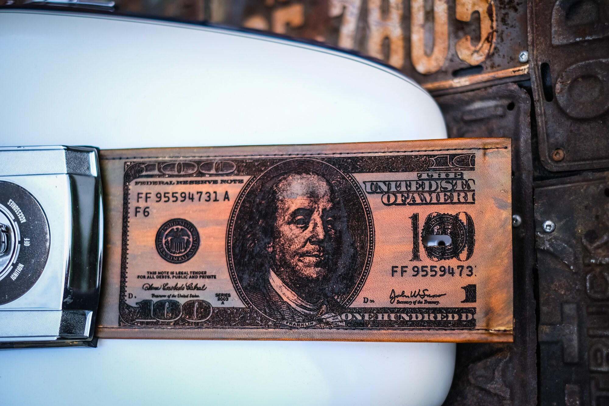 100 USA Bill Cash Money Custom Harley Davidson Leather Gas Tank Panel ...