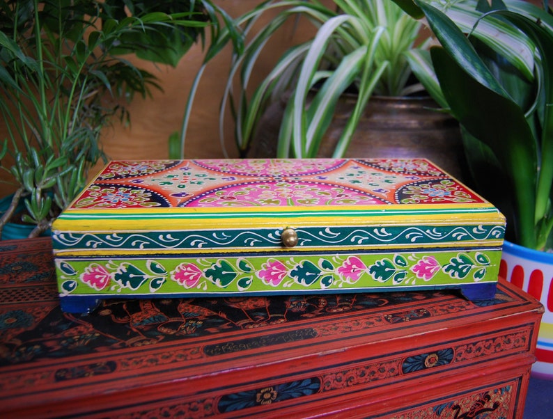Hand Painted Wooden Jewellery Box, Hand Painted Lidded Box, Bohemian ...