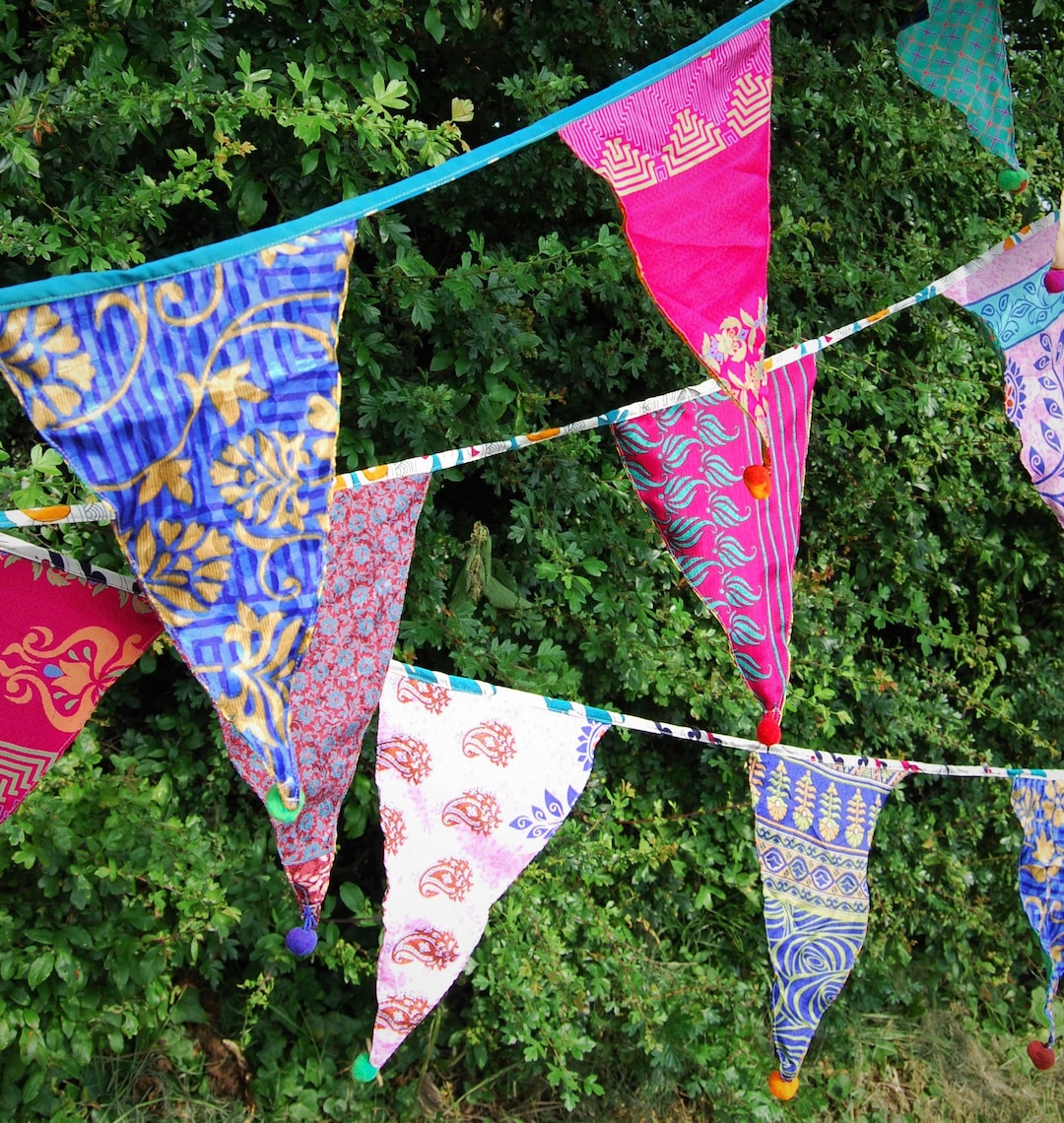 Very Long Bunting 7 Metres, Sari Bunting With Pompoms, Recycled Bunting ...