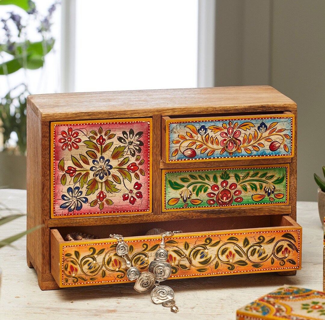 Floral Hand Painted Wooden Four-drawer Mini Chest, Small Chest of ...