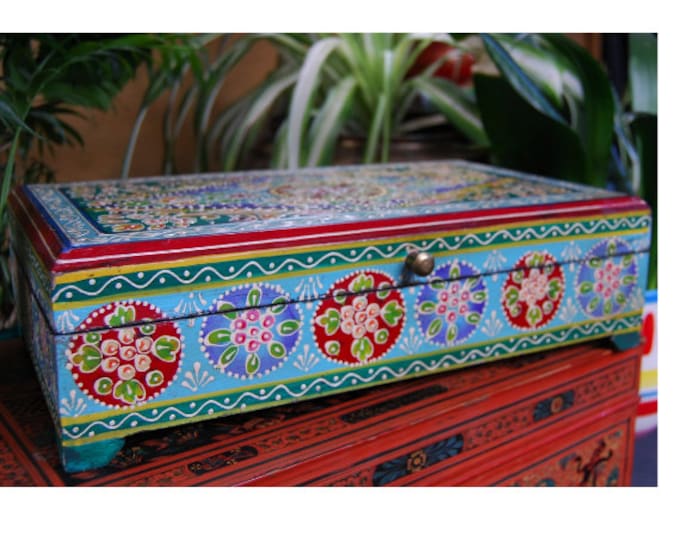 Hand Painted Wooden Jewellery Box, Indian Trinket Box, Turquoise Hand ...