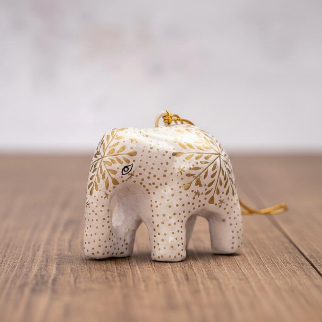 White Snowflake Hanging Elephant Papier Mache Ornament, Indian Elephant ...