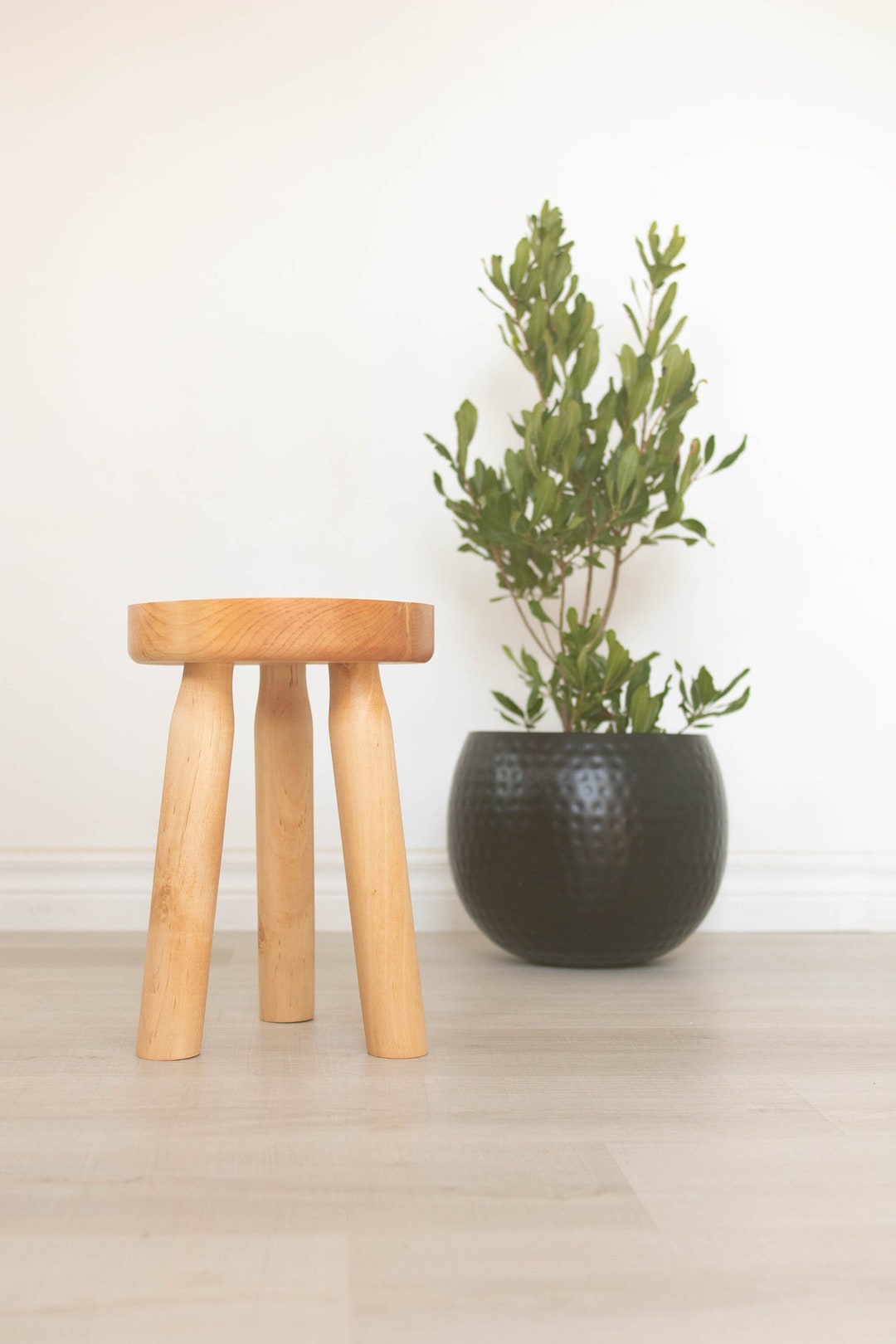 Reclaimed Birch Tripod Stool: Handmade Wooden Plant Stand - Etsy