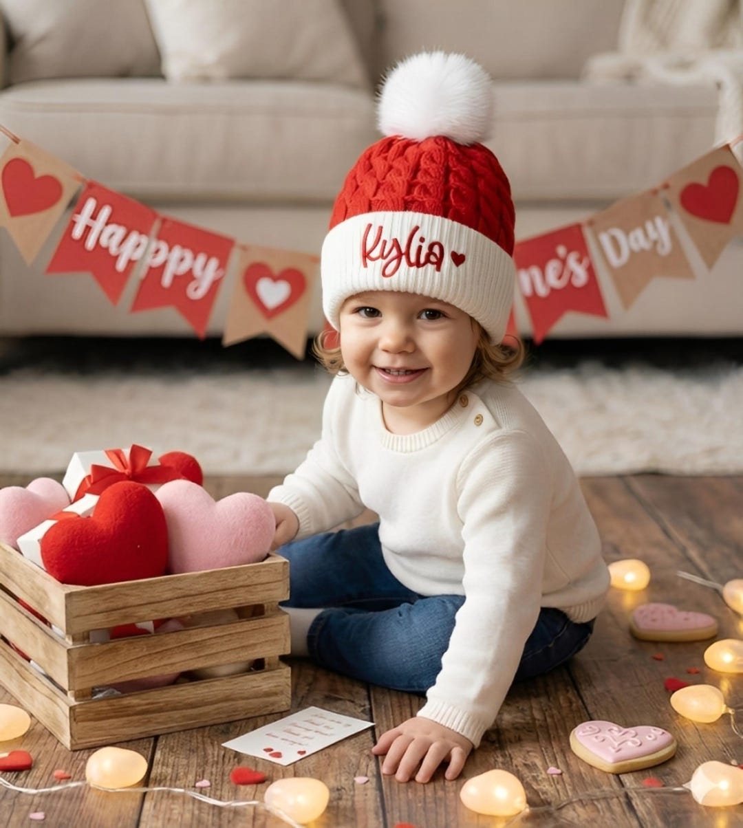 Personalized Valentine Beanie, Custom Embroidered Name Knit Baby V-day ...