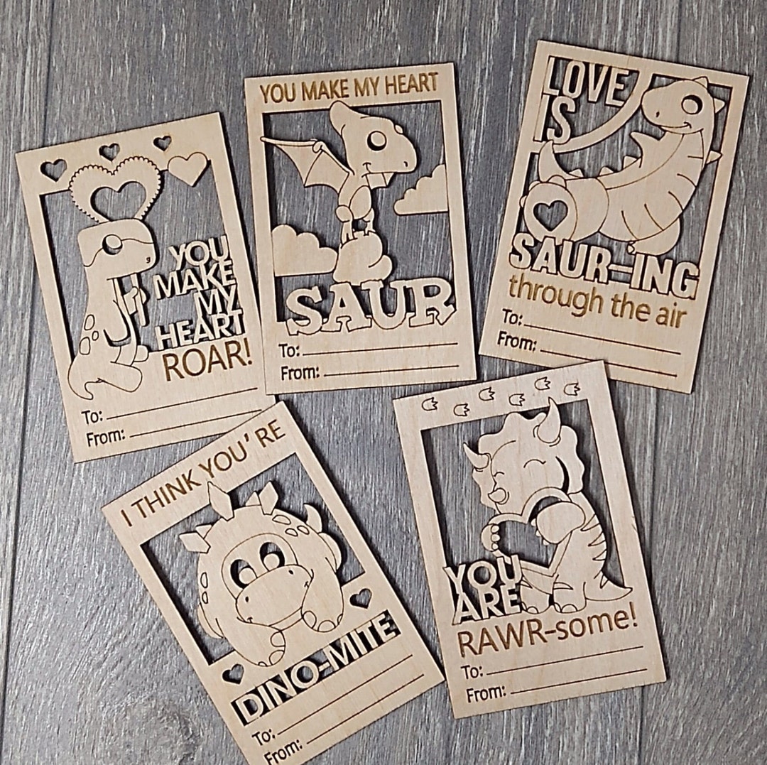 Dinosaur Valentine Cards, Laser Engraved Wooden Valentine Cards for ...