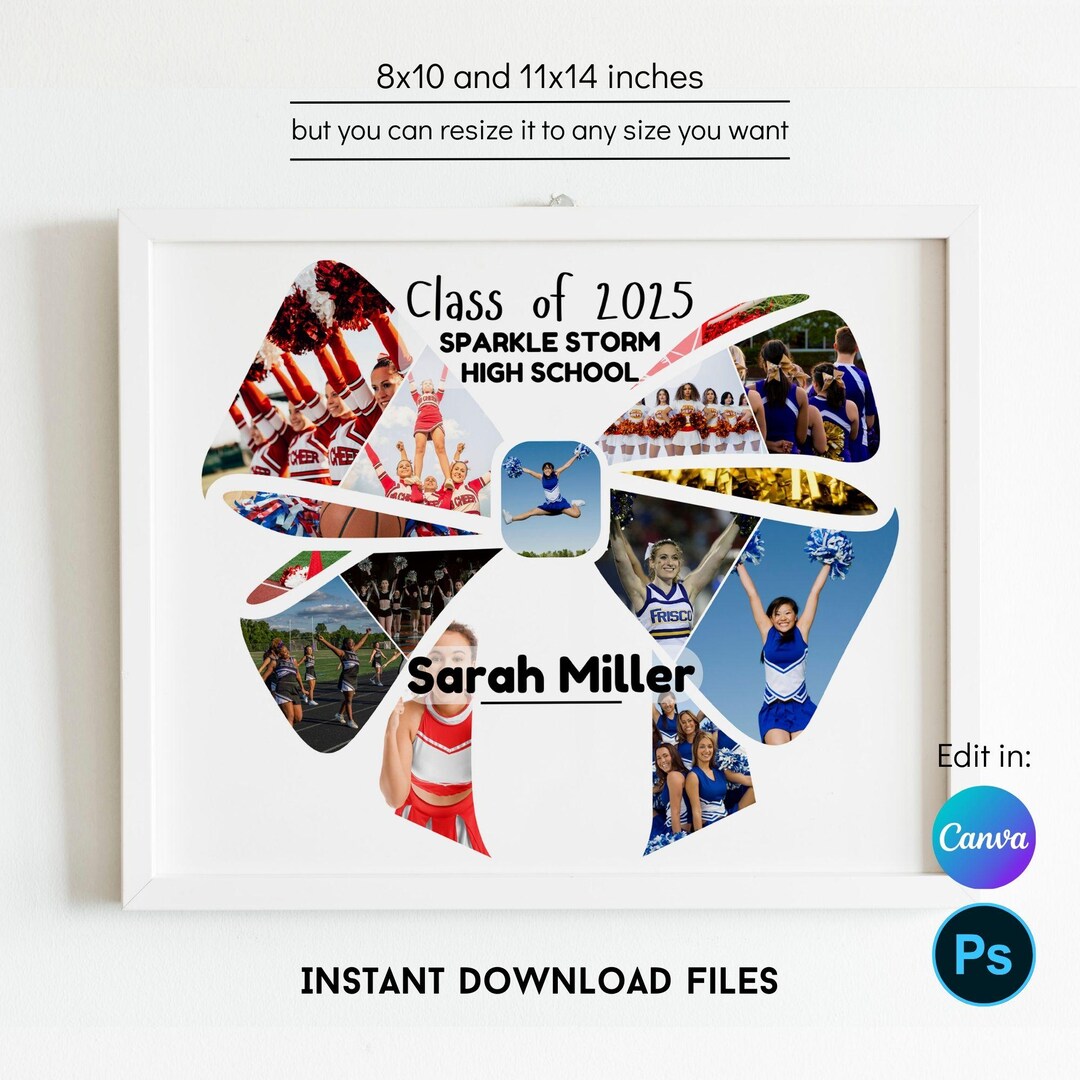 Hair Bow Cheer Photo Collage Frame, Senior Cheerleader Gift, Editable ...
