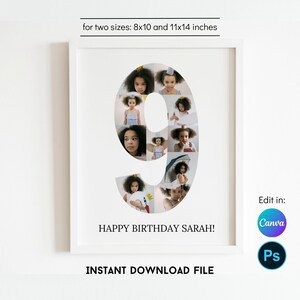 9 Year Birthday Photo Collage, 9th Birthday Poster, Editable, Canva ...