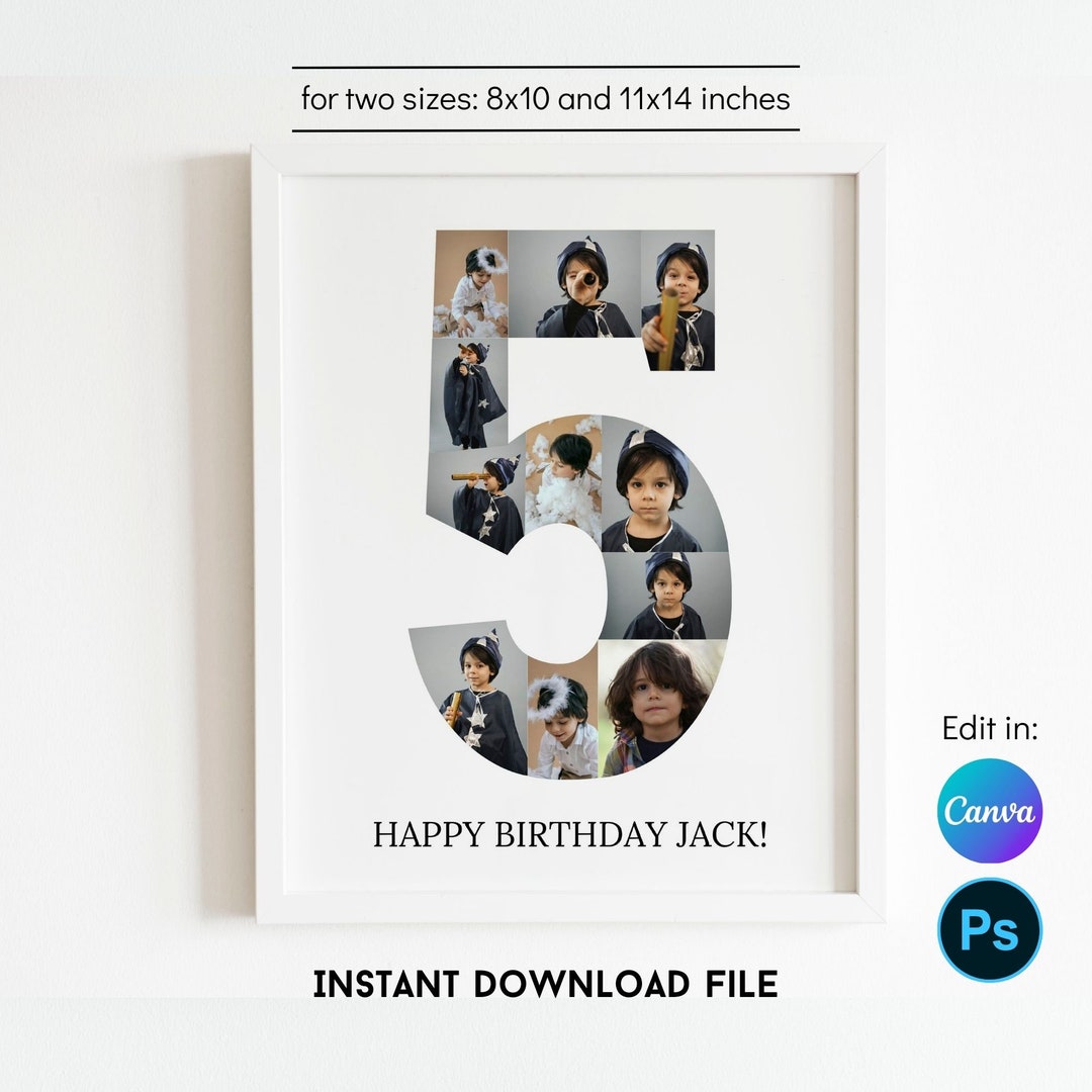 5 Year Birthday Photo Collage, 5th Birthday Poster, Editable, Canva ...