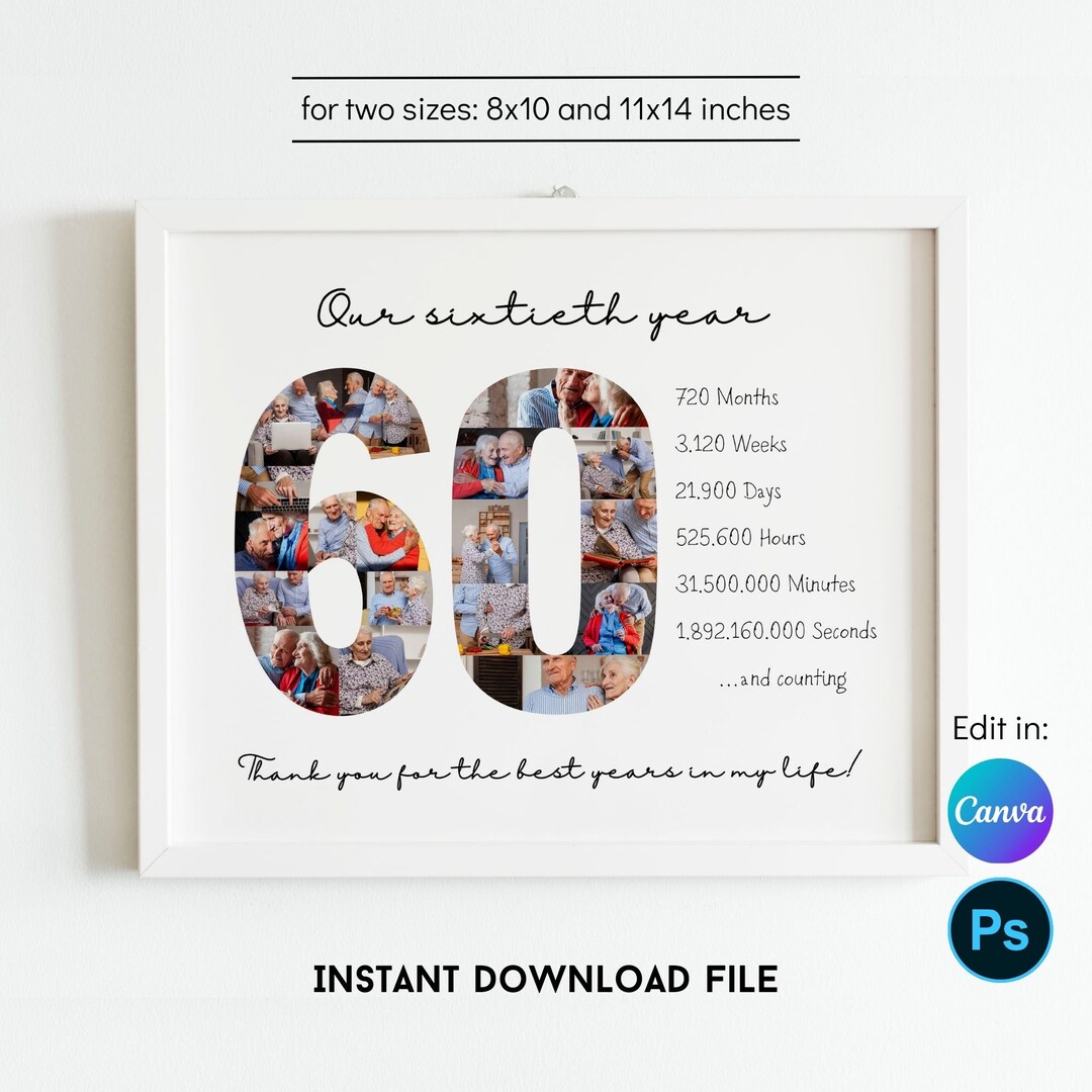 60 Year Anniversary Photo Collage, Personalized, 60th Wedding Anniversary Gift for Parents ...