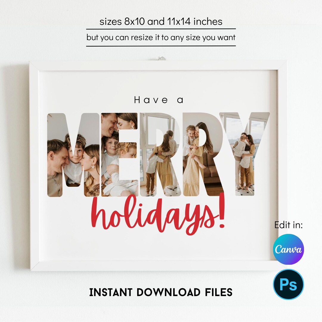 MERRY Photo Collage Template, Christmas Photo Gift, Editable, Holiday ...