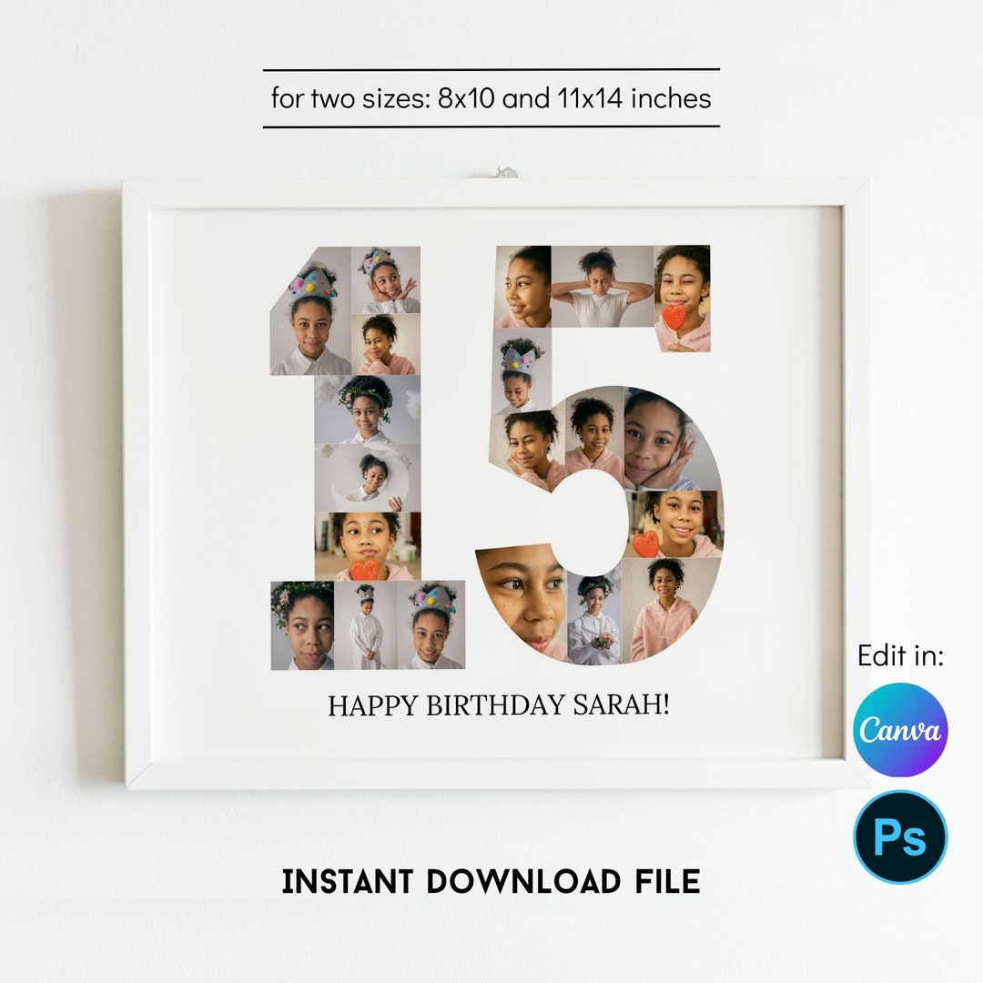 15 Year Birthday Photo Collage, 15th Birthday Decoration, Editable ...