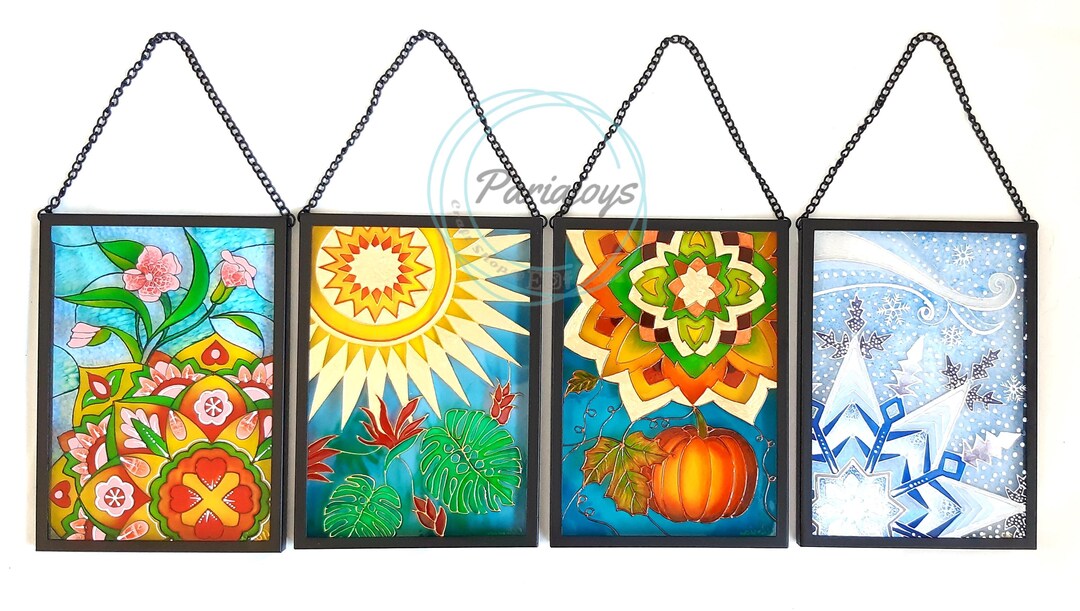 Four Seasons Glass Wall Art, Window Hanging Mandala Suncatcher, Hand ...