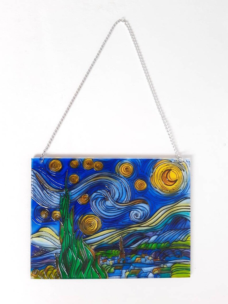 Hand Painted Starry Night, Window Suncatcher, Faux Glass Painting ...