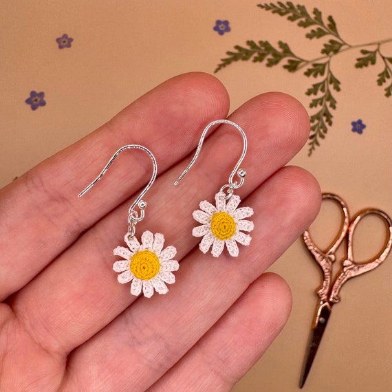 Daisy Micro Crochet Earrings Daisy Earrings Wildflower Earrings Cottagecore Earrings Dainty Earrings Sterling Silver Daisy Earrings Etsy