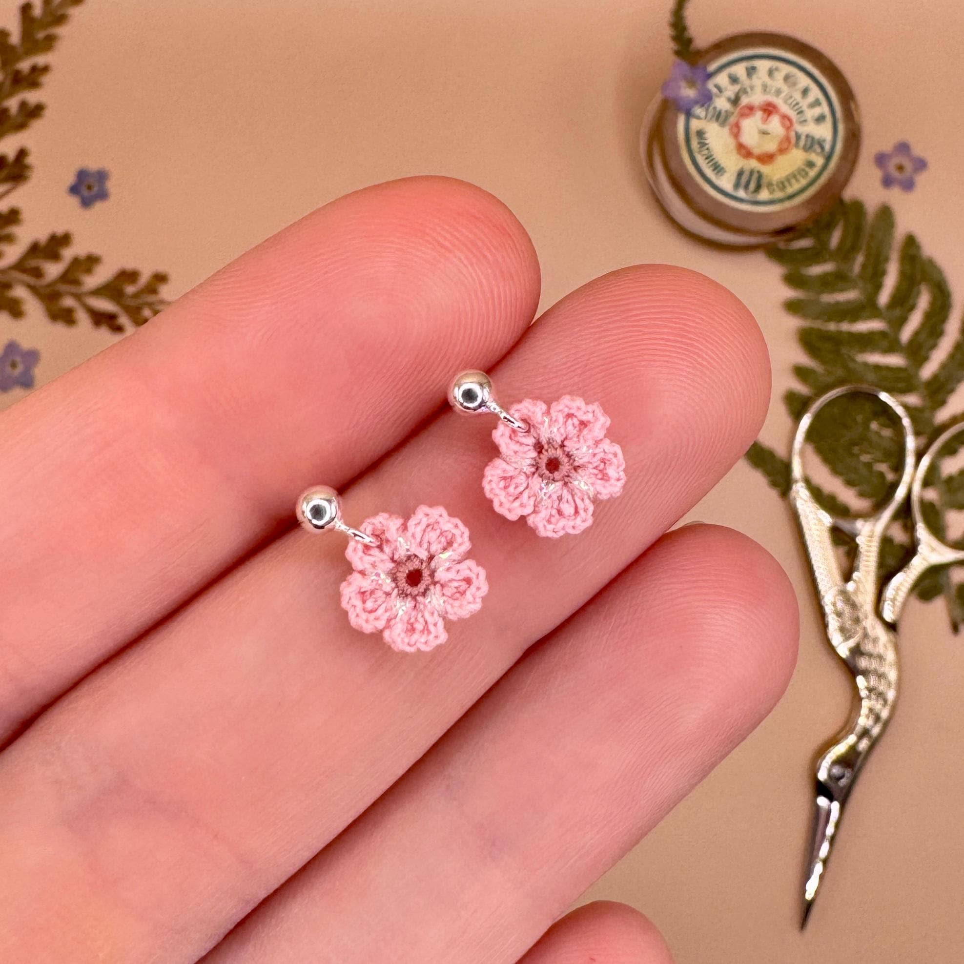 Cherry Blossom Micro Crochet Earring Studs, Pink Flower Studs, Tiny ...