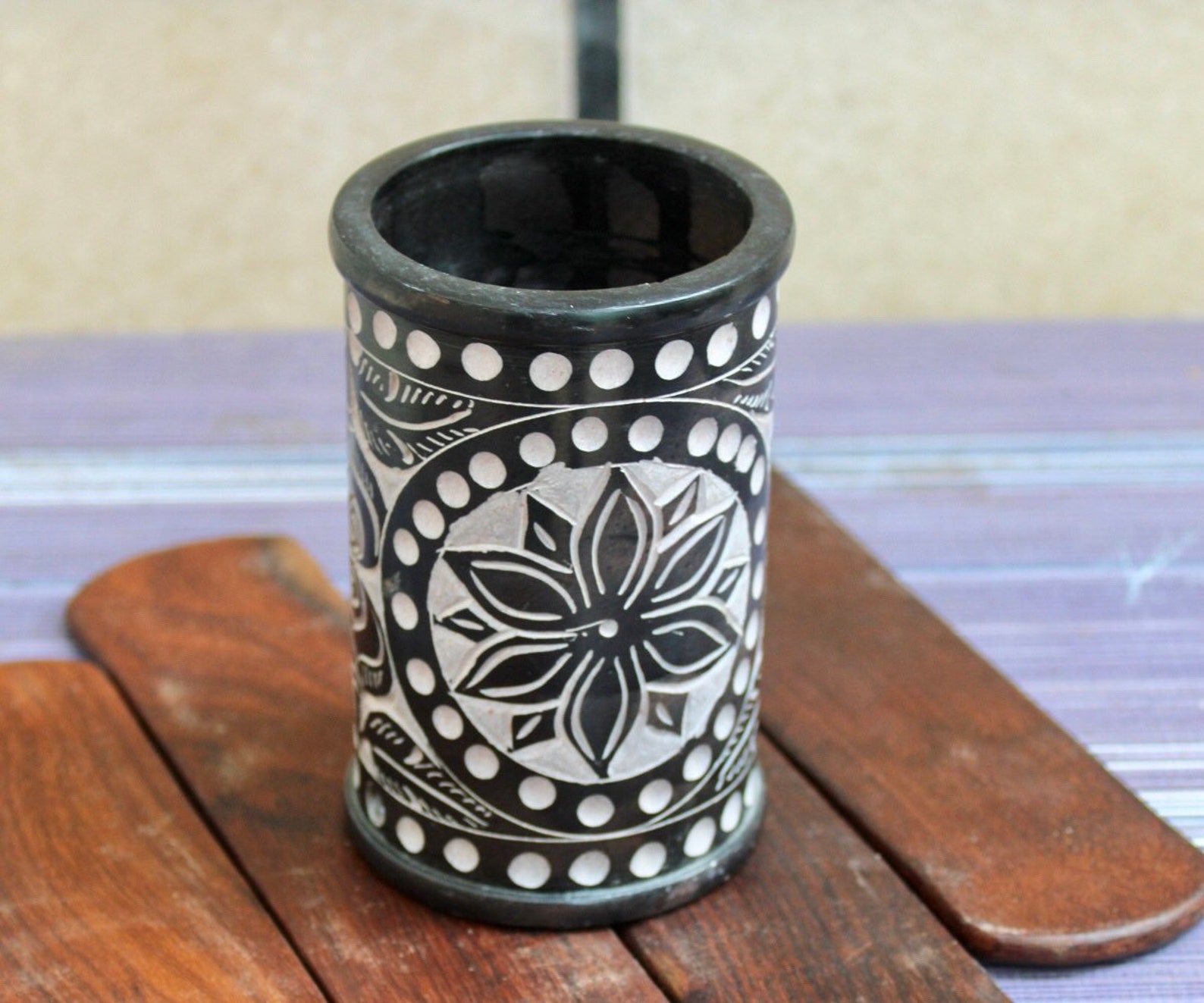 Black Stone Pen Holder for Desk Beautifully Hand Carving Sand - Etsy