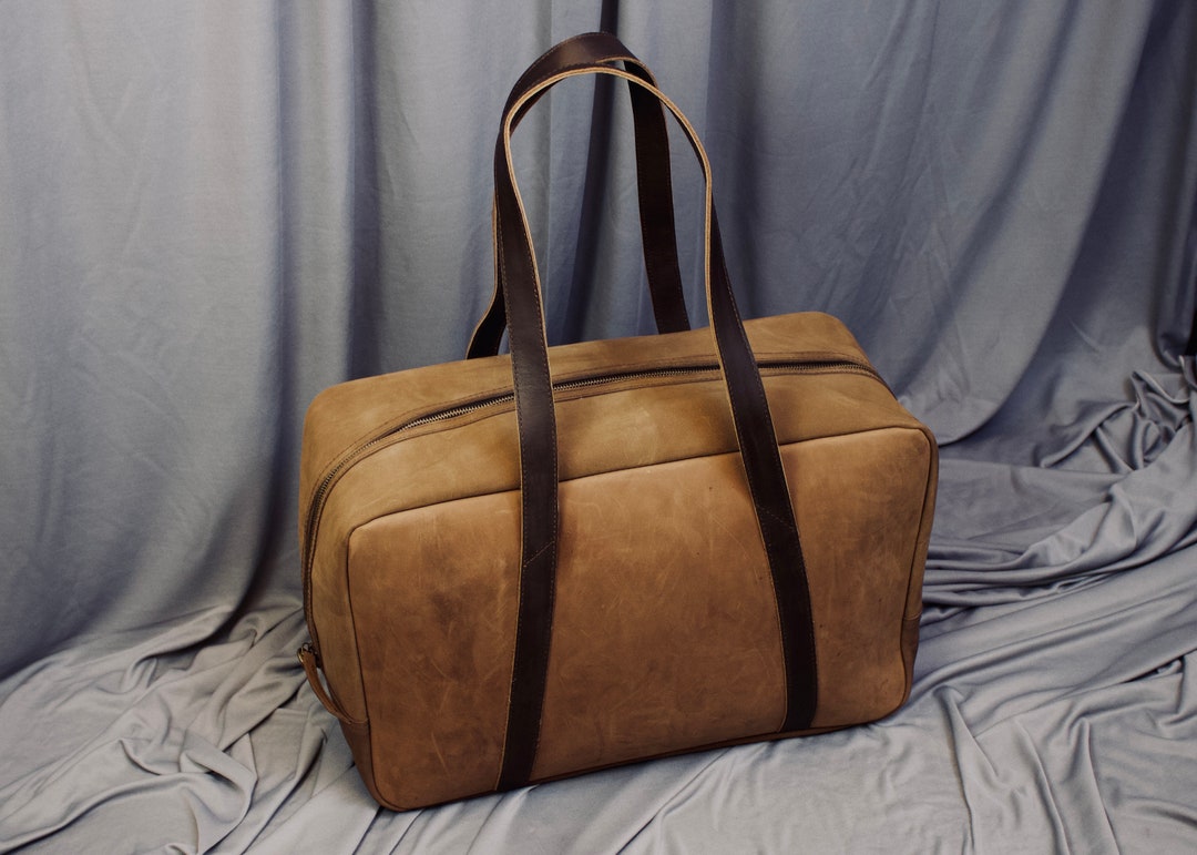 Handcrafted Top Grain Leather Weekender Bag: Retro Tan Brown Travel Bag ...