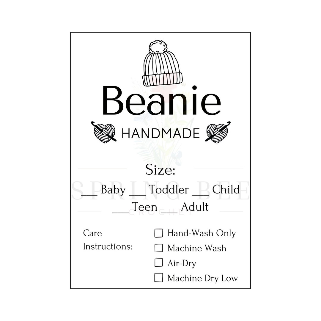 Crochet Beanie Printable Tag With Hat Size and Care Instructions ...