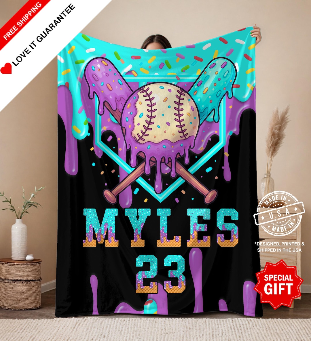 Personalized Ice Cream Drip Baseball Blanket With Custom Name and ...
