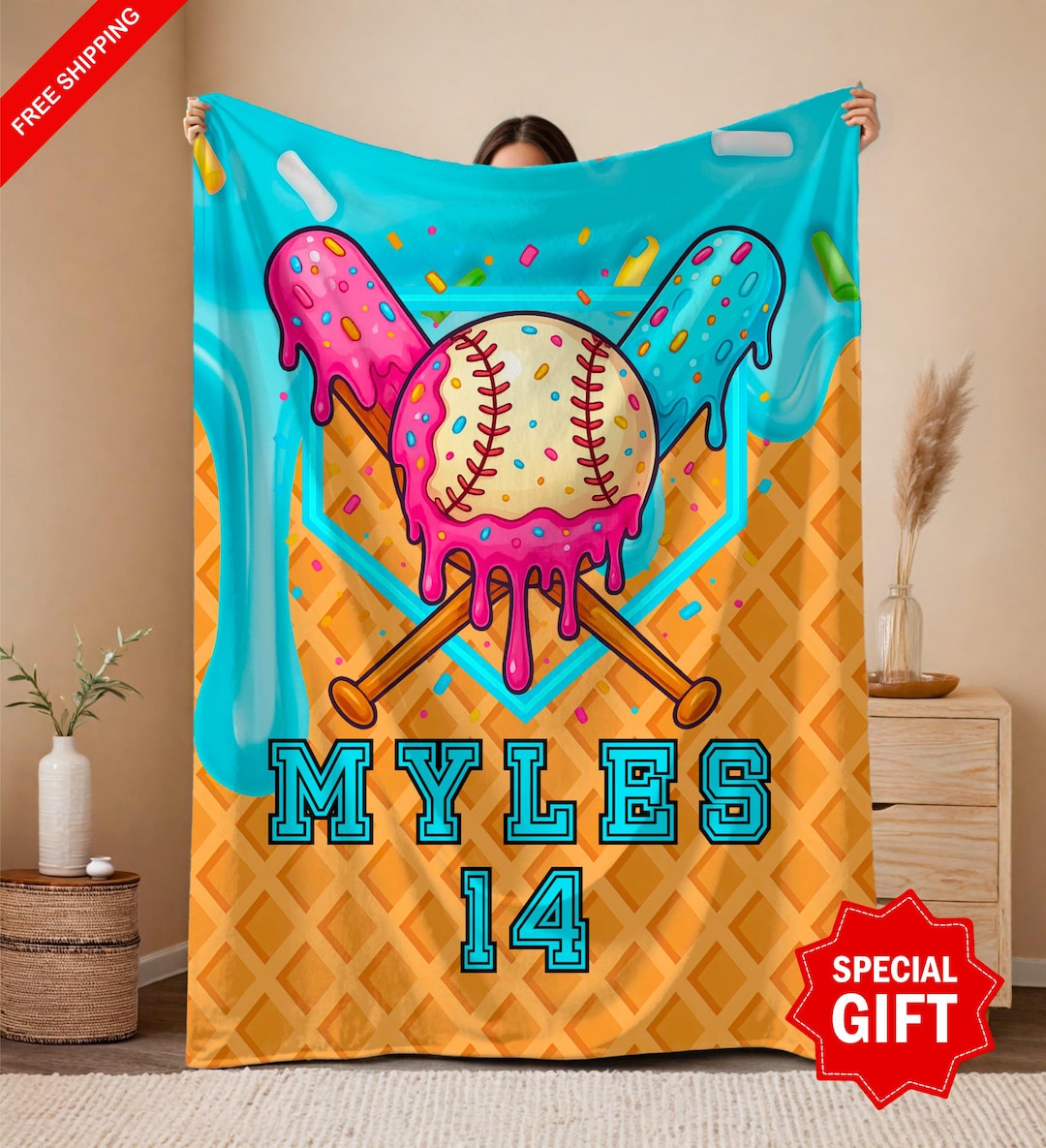 Personalized Ice Cream Drip Baseball Blanket: Custom Name Bedding, Boys ...