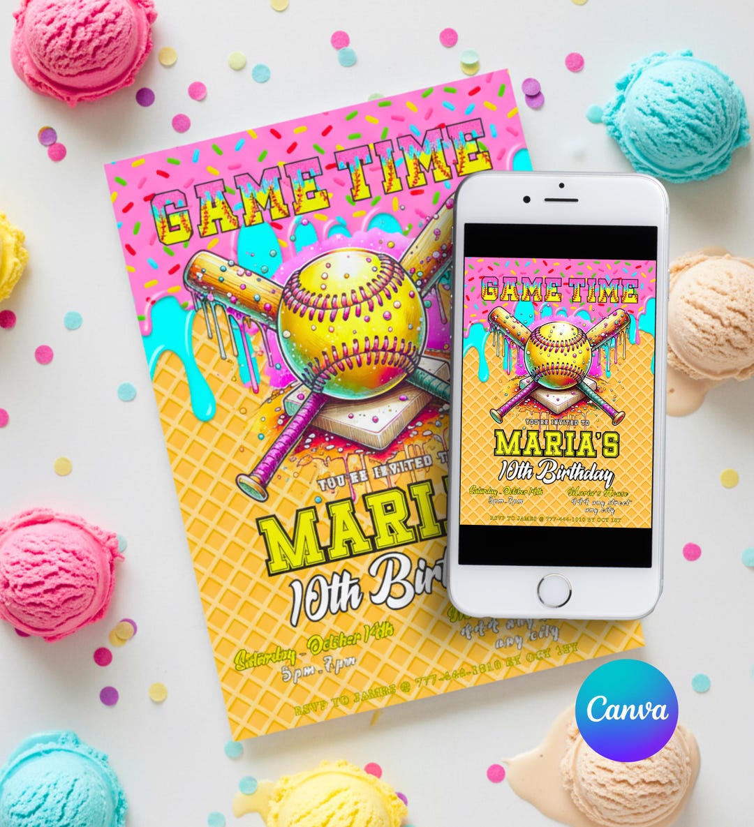 Canva Softball Birthday Invitation, Softball Drip Birthday Invitation ...
