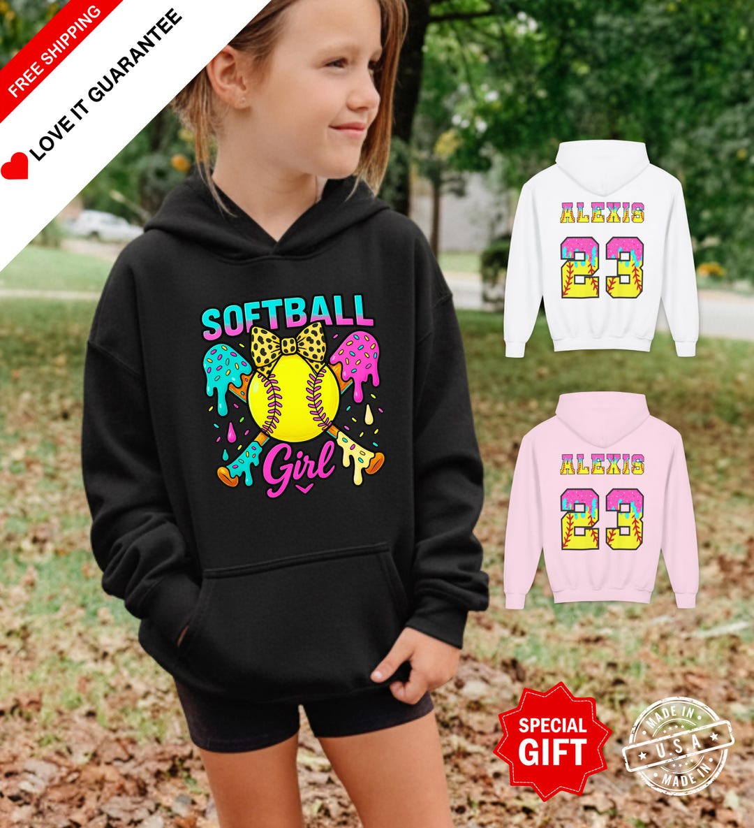 Personalized Softball Hoodie for Girls With Name and Number, Custom ...
