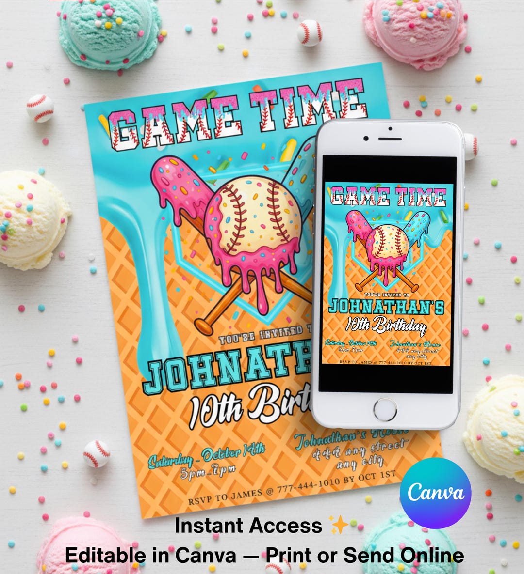 Canva Baseball Drip Birthday Invitation, Baseball Ice Cream Drip ...