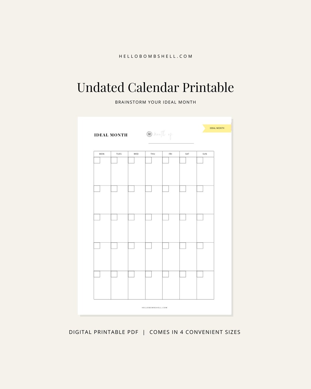 Undated Calendar Printable, Blank Calendar Printable, Blank Undated ...