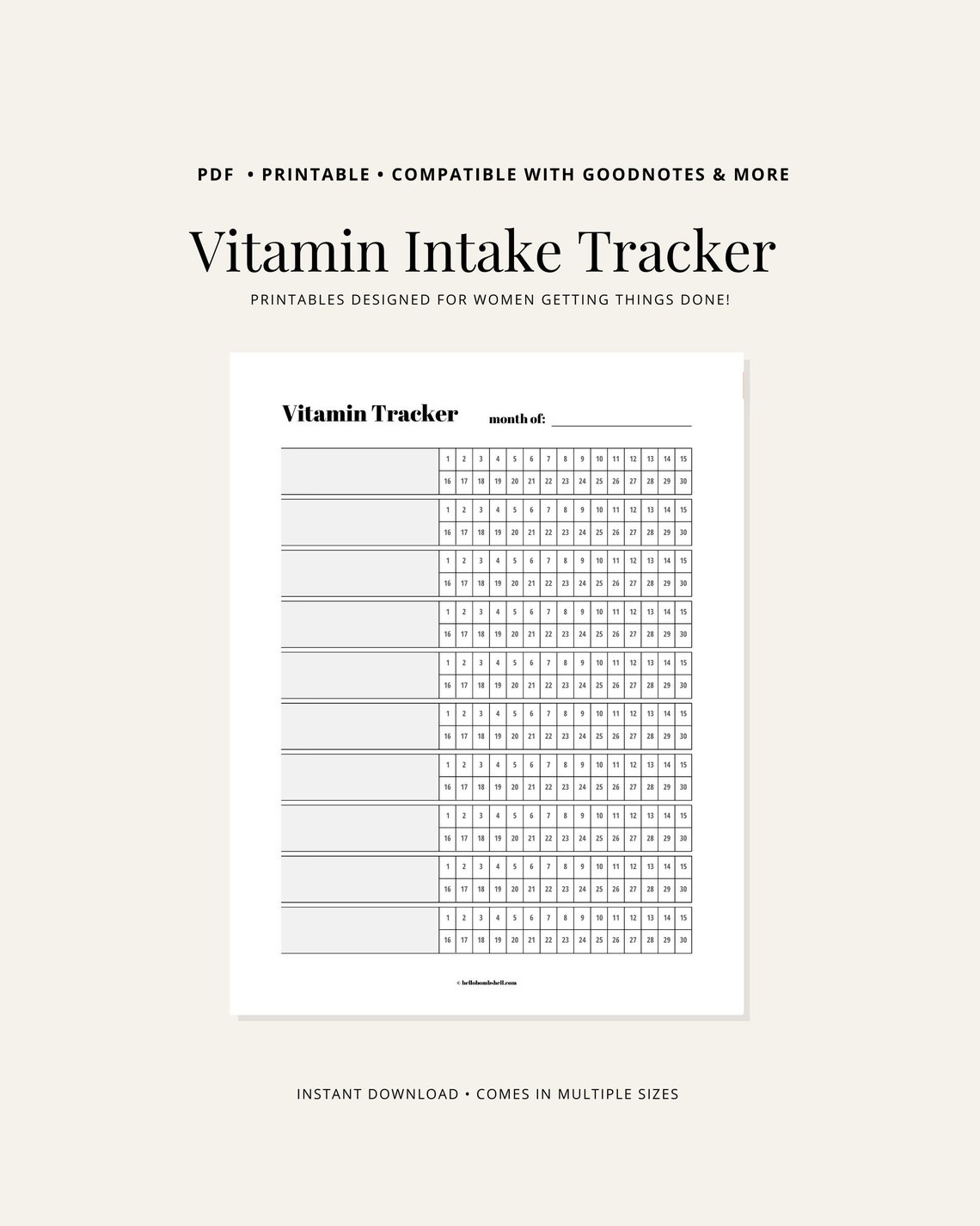 Vitamin Tracker Printable for 30 Days PDF Download, Goodnotes Digital ...