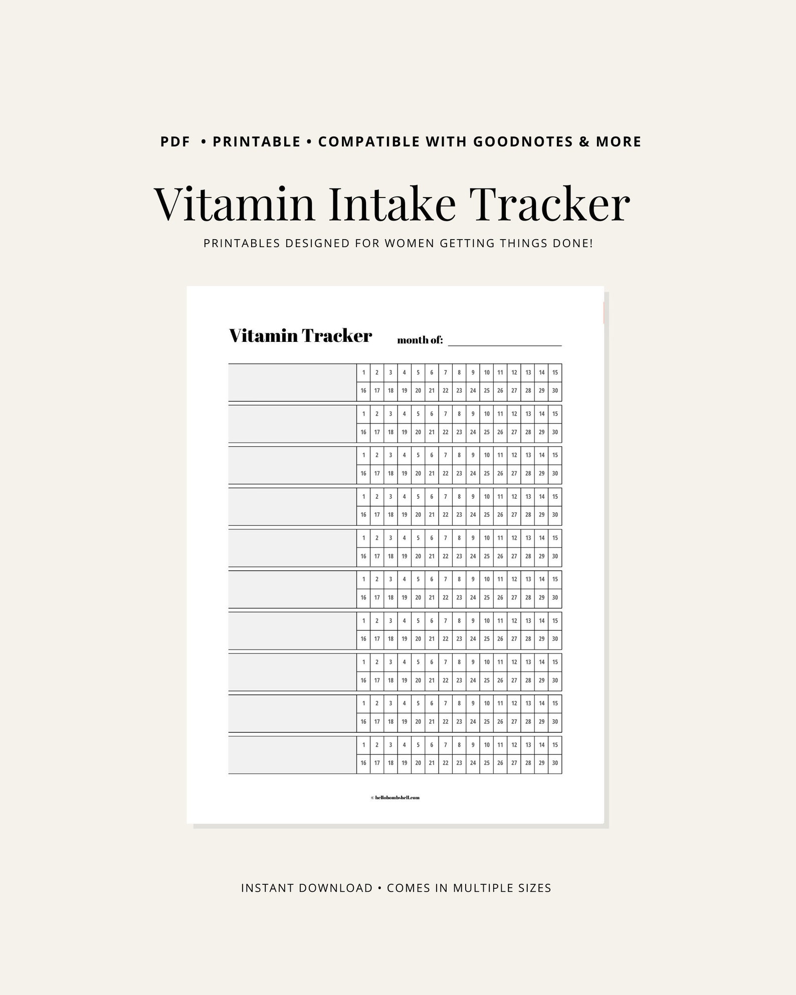 Vitamin Tracker Printable for 30 Days — PDF Download, Goodnotes ...
