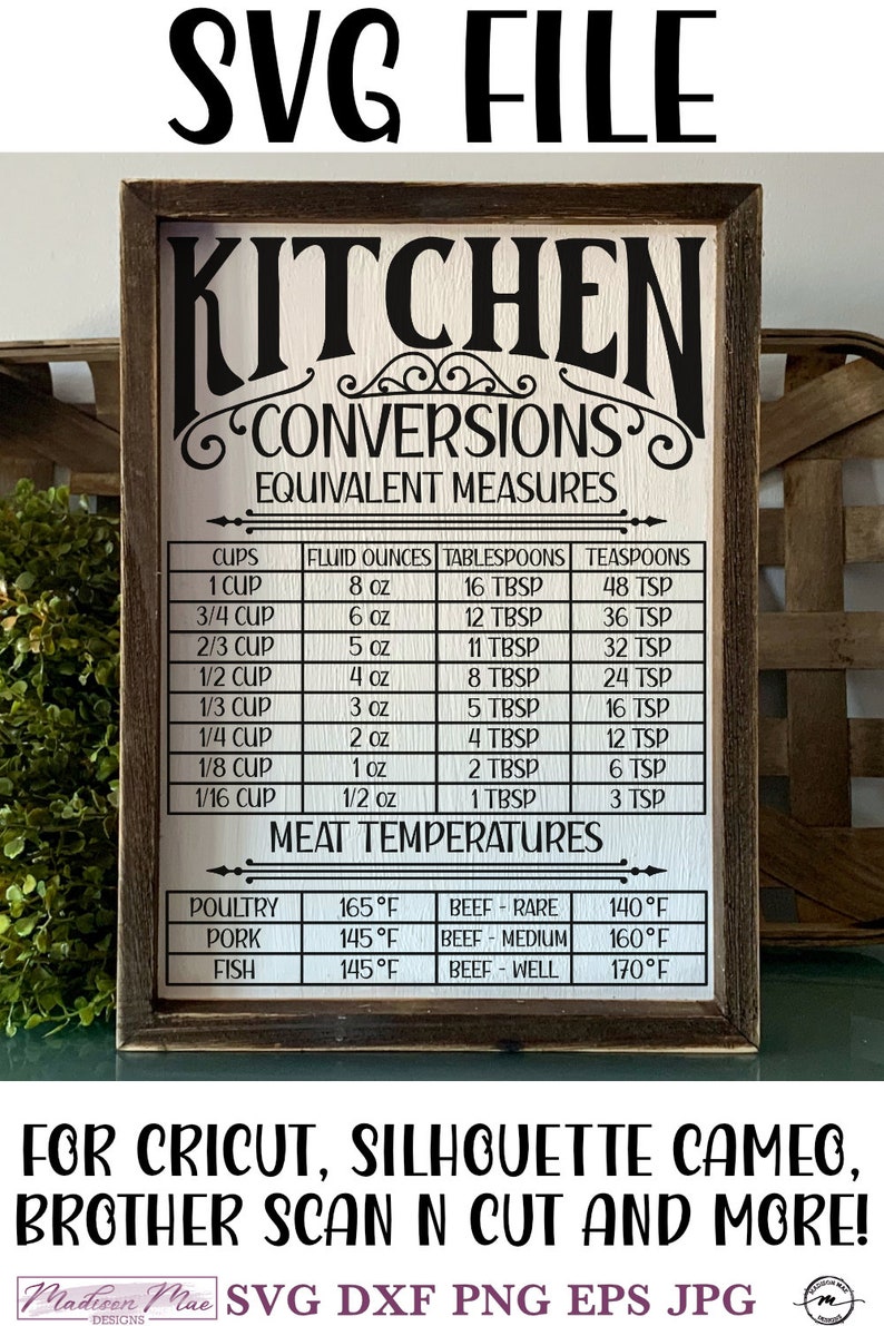 Kitchen Conversions Chart - Farmhouse Sign SVG for Cricut, Silhouette ...