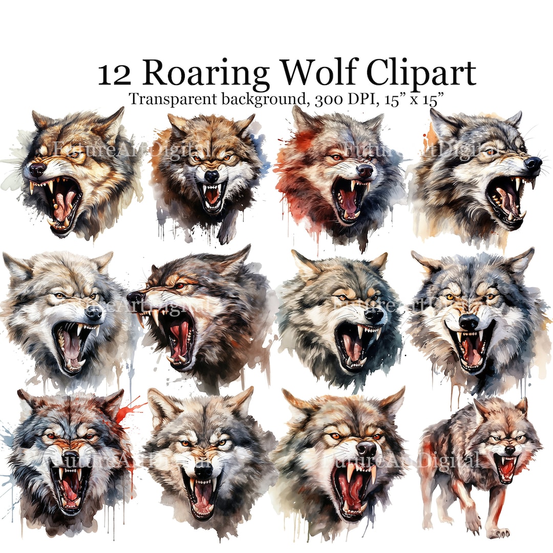 12 Watercolor Roaring Wolf Digital Clipart, Angry Wolf Sublimation PNG ...