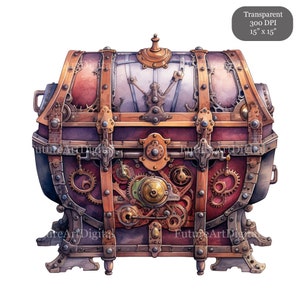 12 Watercolor Steampunk Treasure Chest Digital Clipart, Treasure Chest ...