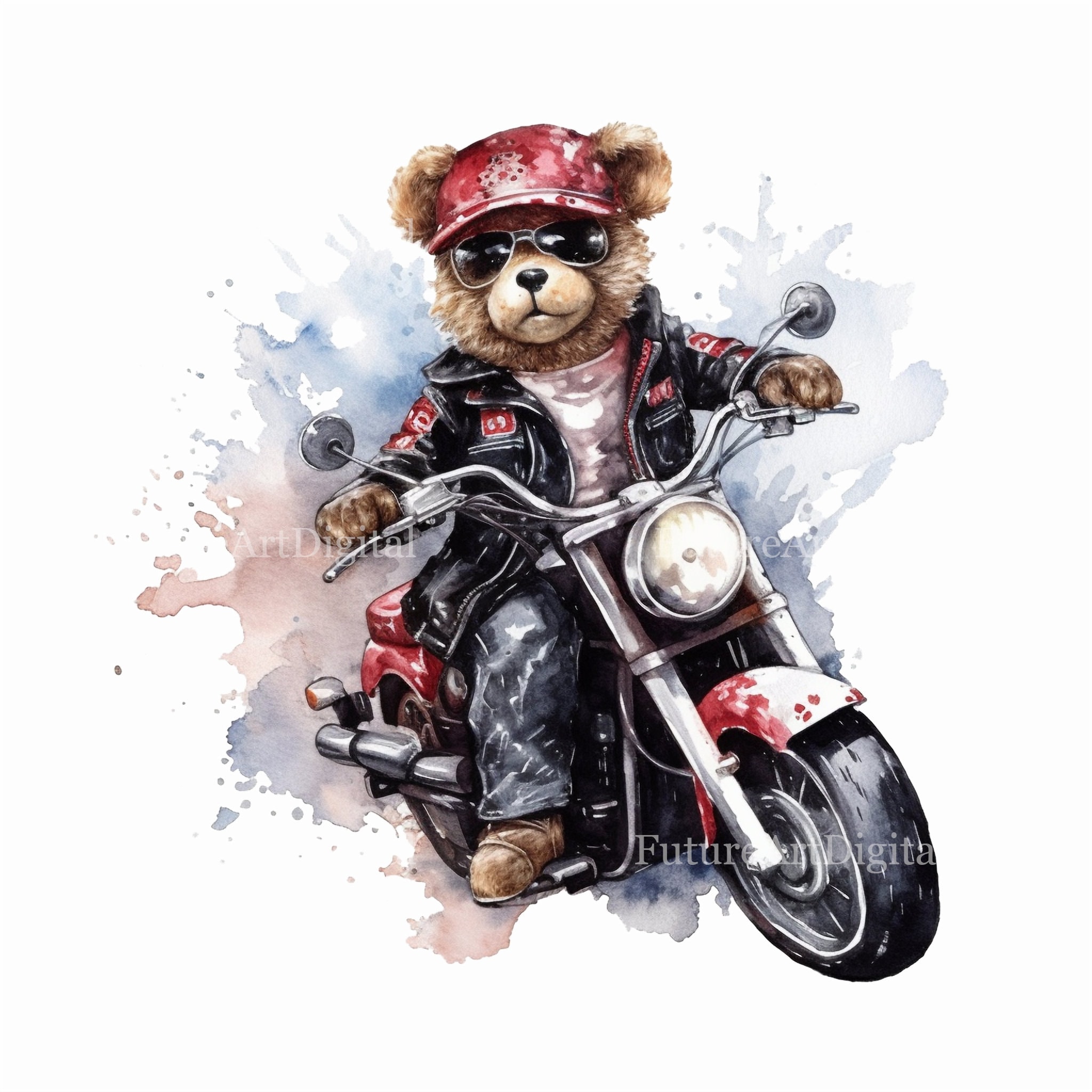 Watercolor Biker Teddy Bear Digital Clipart, Teddy Bear on a Motorcycle ...