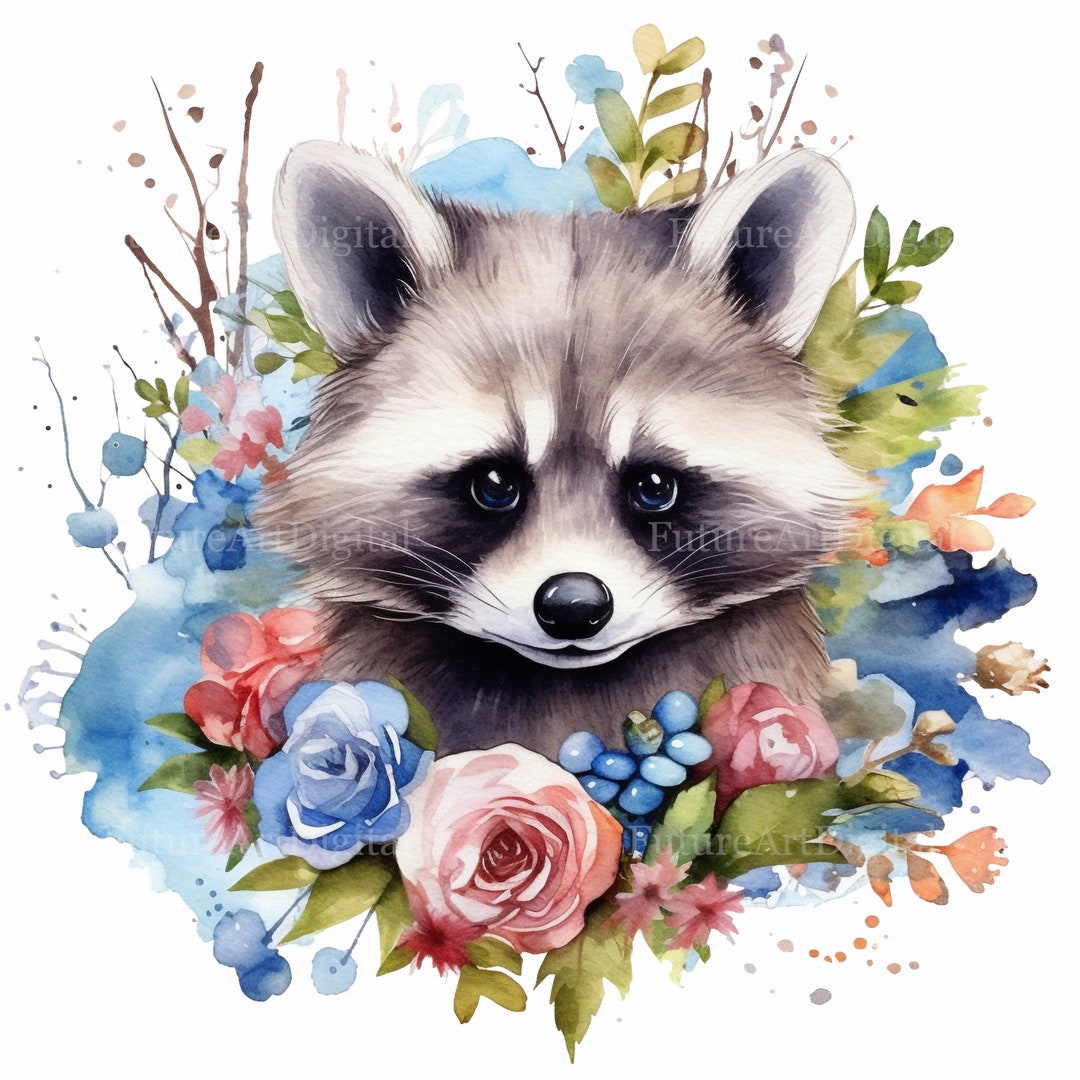 Watercolor Raccoon With Flowers Sublimation Wall Art, Raccoon Digital ...