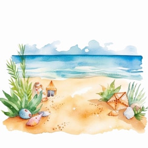 Watercolor Beach With Sea Digital Clipart, Beach Printable Wall Art ...