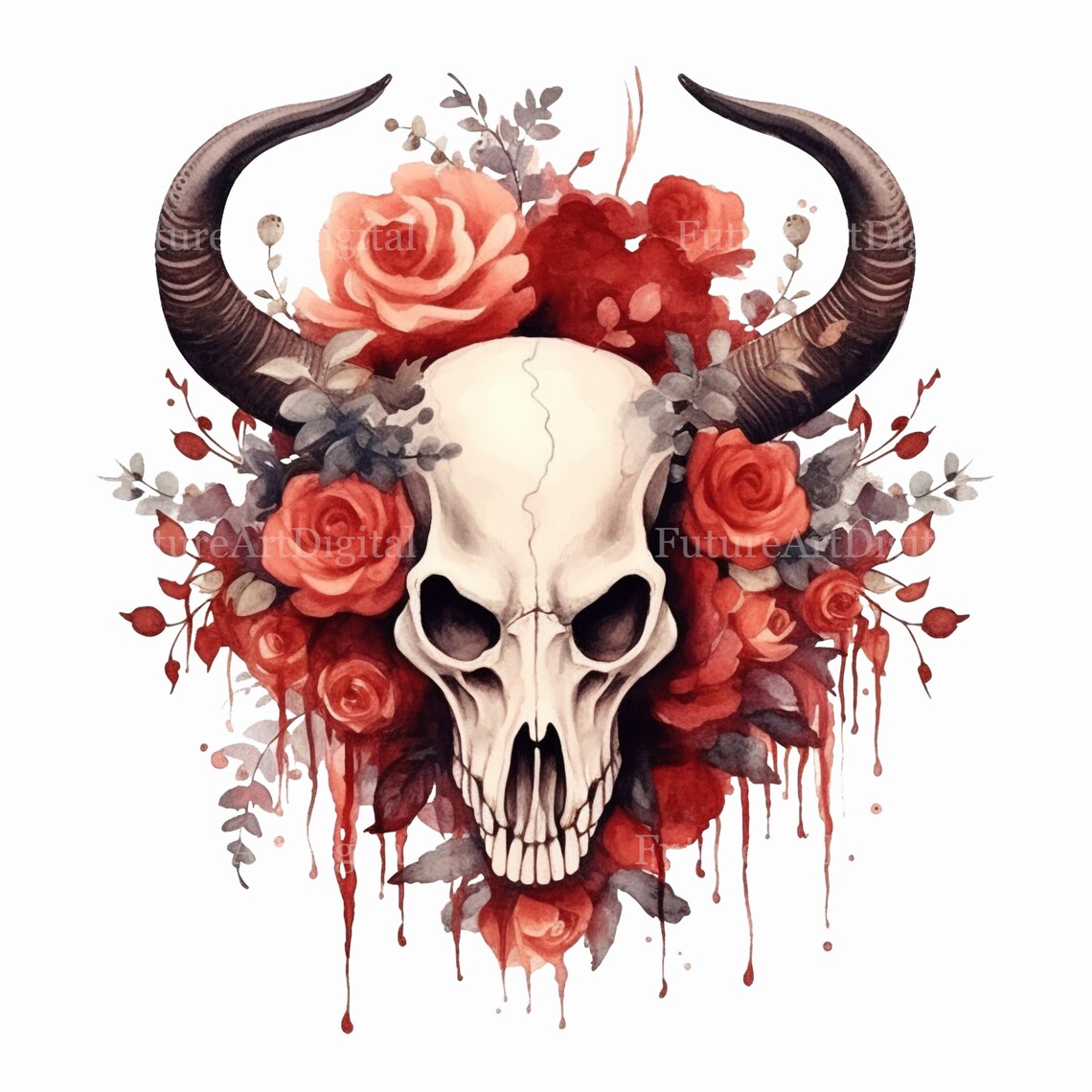 Watercolor Devil Skull With Red Roses Digital Clipart, Devil Printable ...