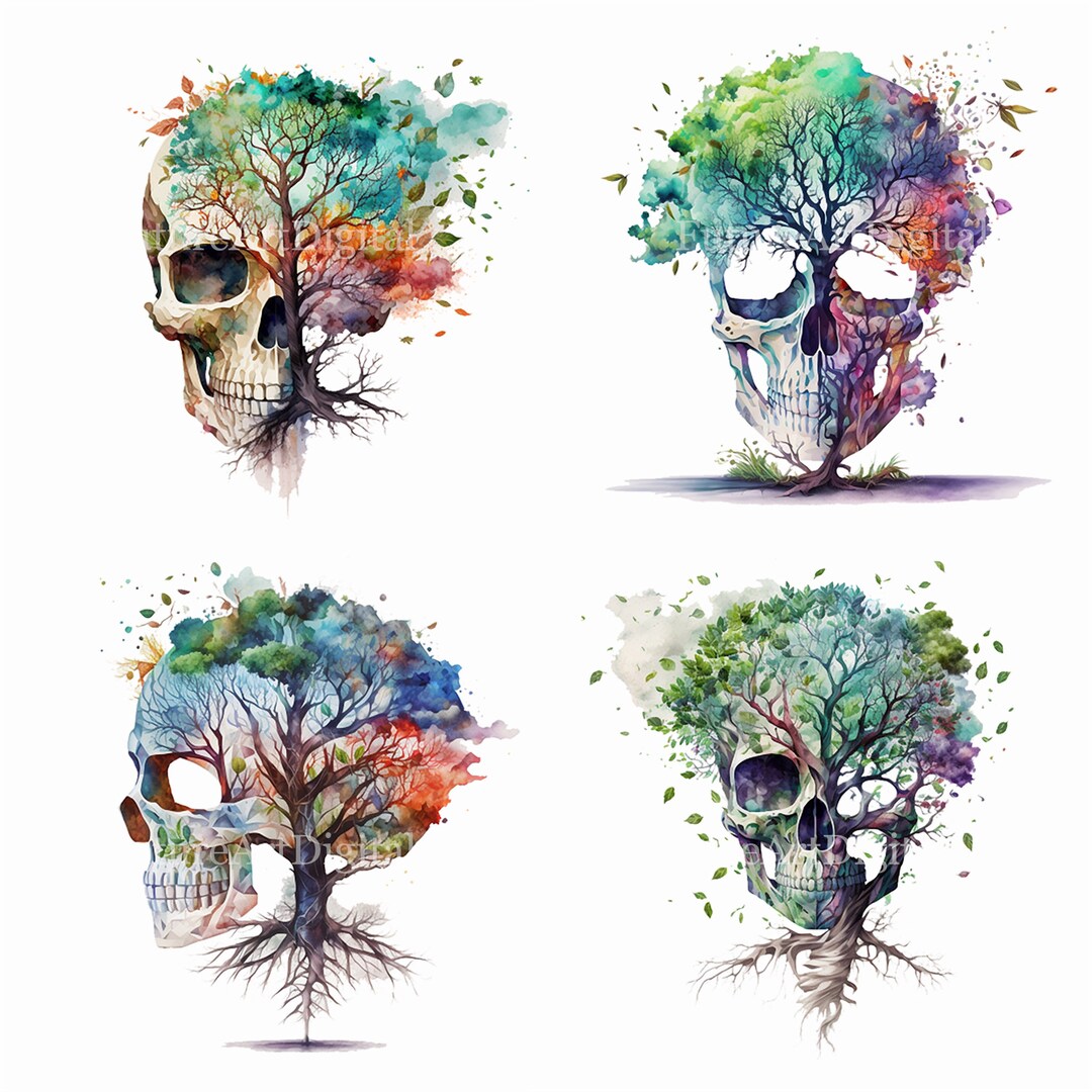 Watercolor Skull With Tree of Life Sublimation PNG, Tree of Life Skull ...