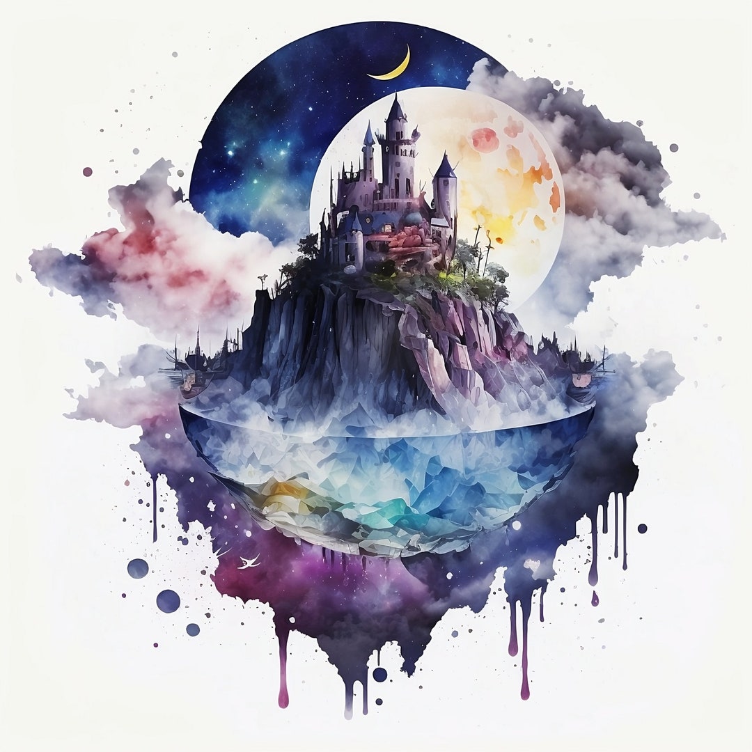 Watercolor Castle on a Floating Island PNG, Castle Digital Clipart ...