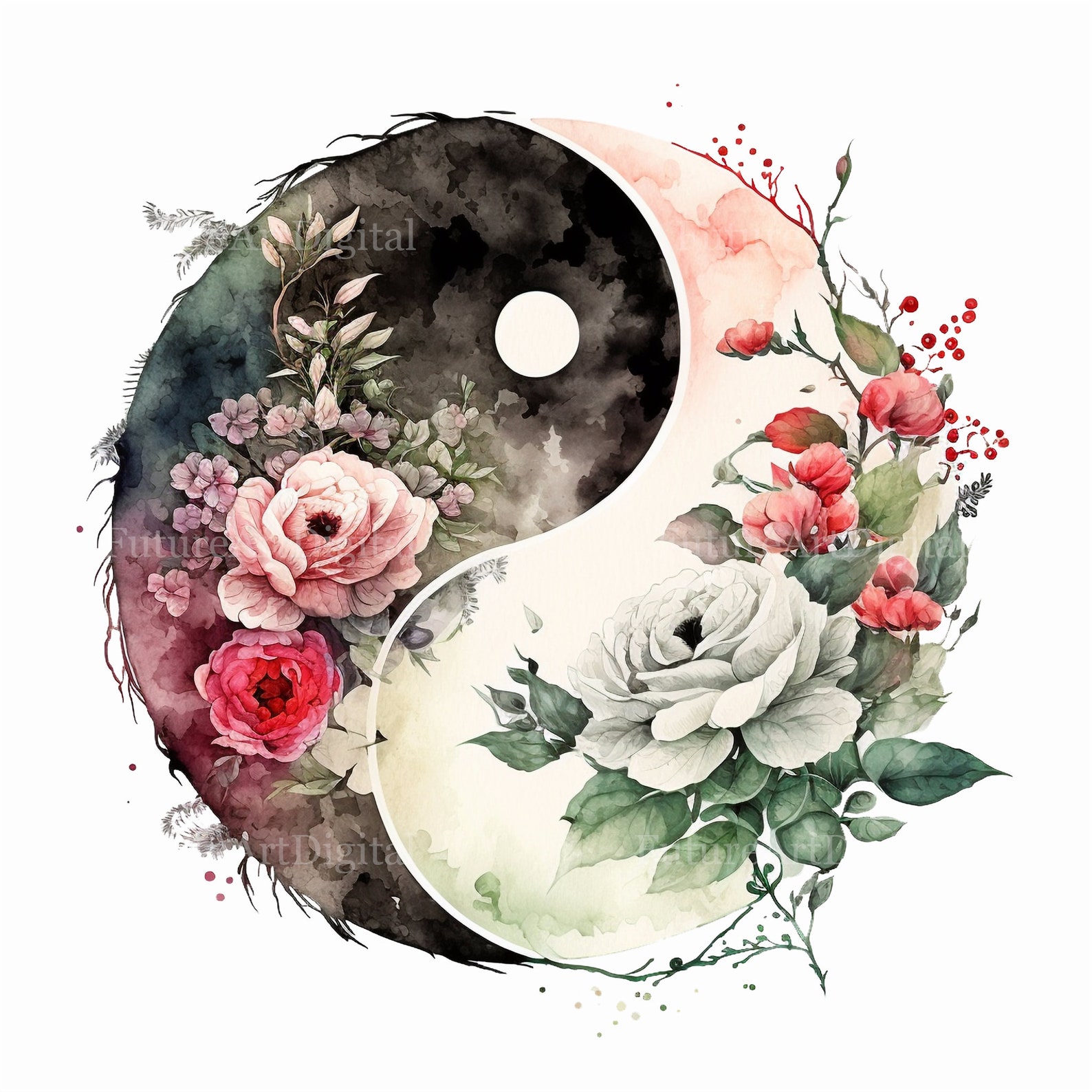 Watercolor Yin Yang Sign With Roses Printable Wall Art, Yin Yang Sign ...