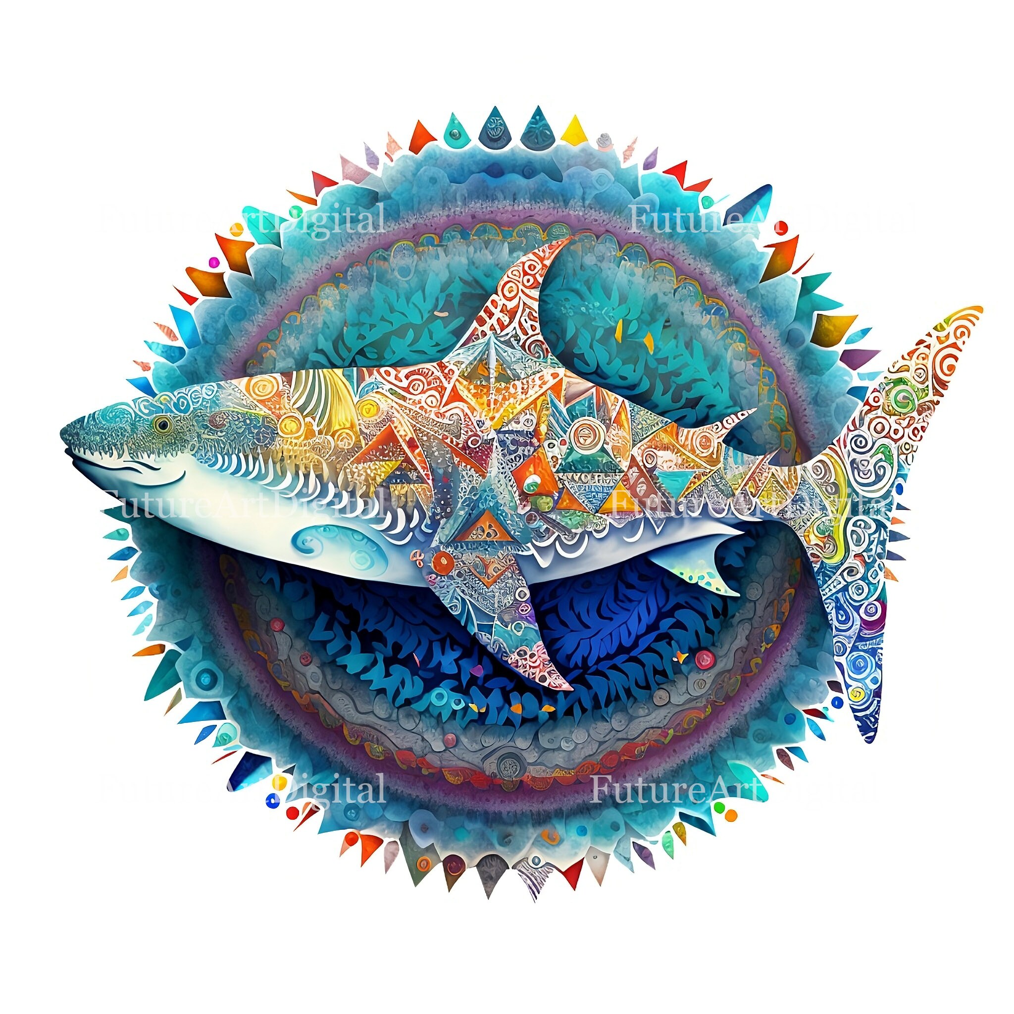 Watercolor Mandala Shark Digital Clipart, Shark Printable Wall Art ...