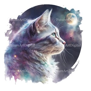 Watercolor Celestial Moon Cat PNG, Moon Cat Digital Clipart, Cat ...