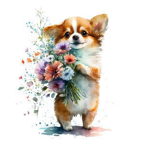 Watercolor Puppy With a Flower Bouquet Digital Clipart, Puppy With ...