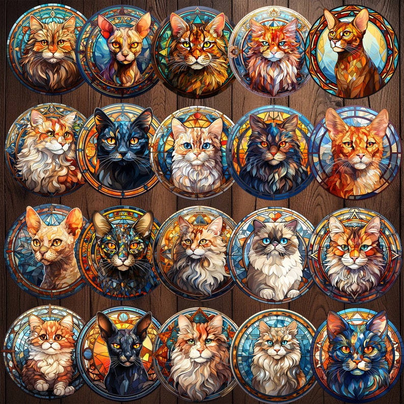 87 Stained Glass Cat Digital Clipart, Cat Breed Round Stained Glass PNG ...