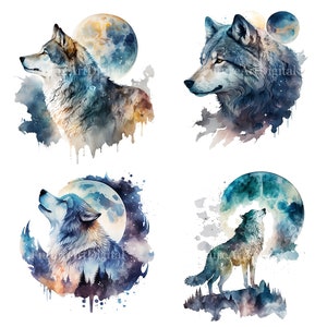 Watercolor Moon Wolf Sublimation PNG, Wolf Digital Clipart, Wolf Printable Wall Art, Digital ...