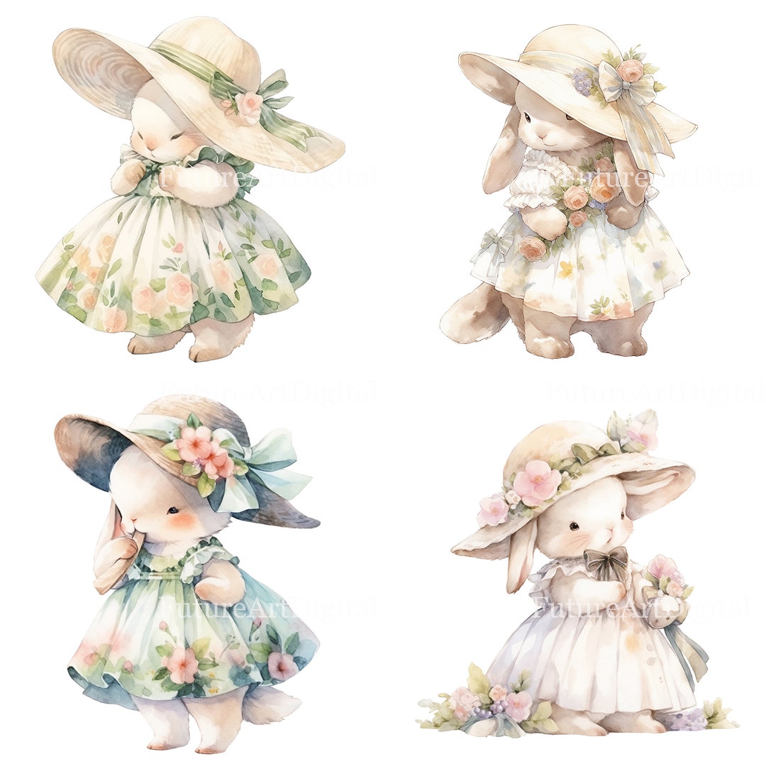Watercolor Cute Bunny in a Dress and Hat Digital Clipart, Bunny in a ...