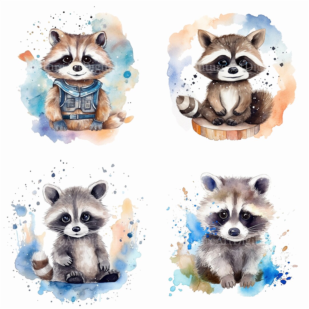 Watercolor Baby Racoon Digital Clipart, Raccoon Printable Nursery Room ...