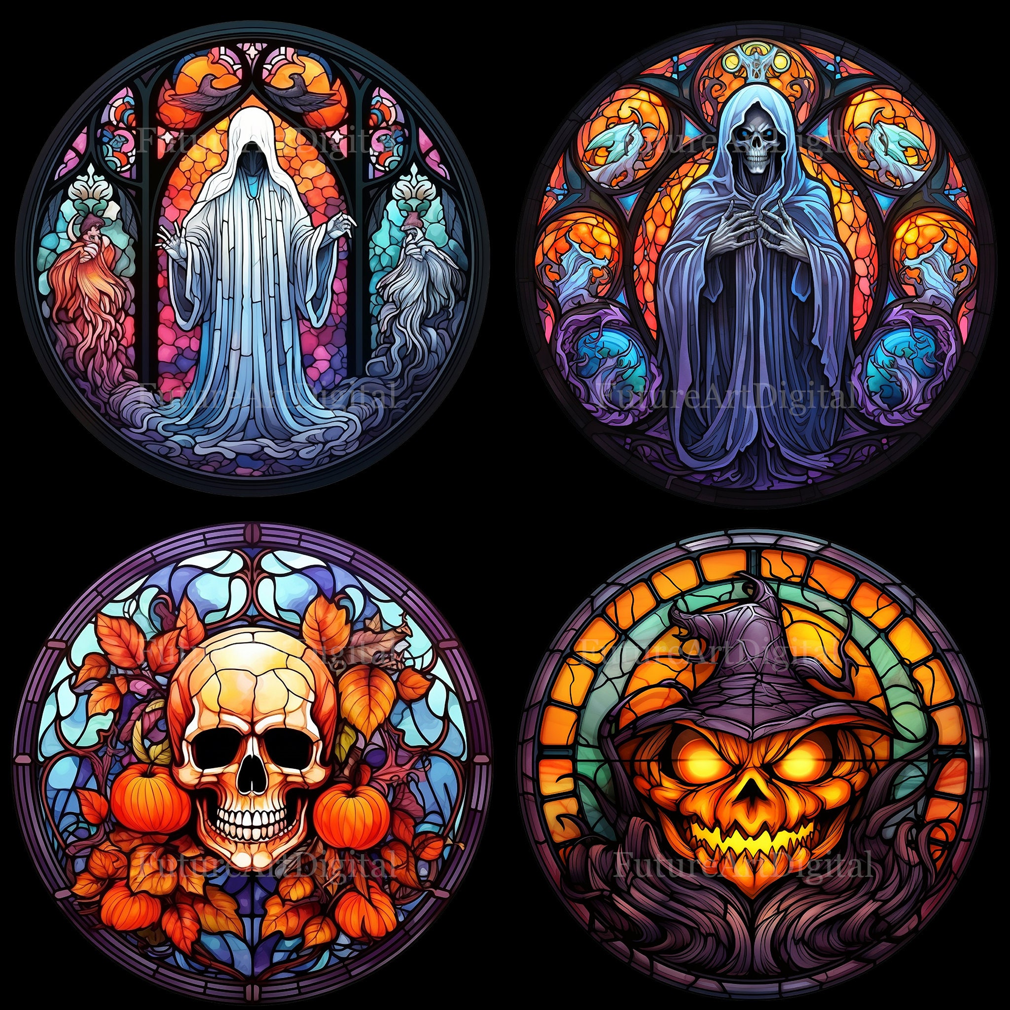 80 Stained Glass Halloween Clipart, Stained Glass Monsters Halloween ...