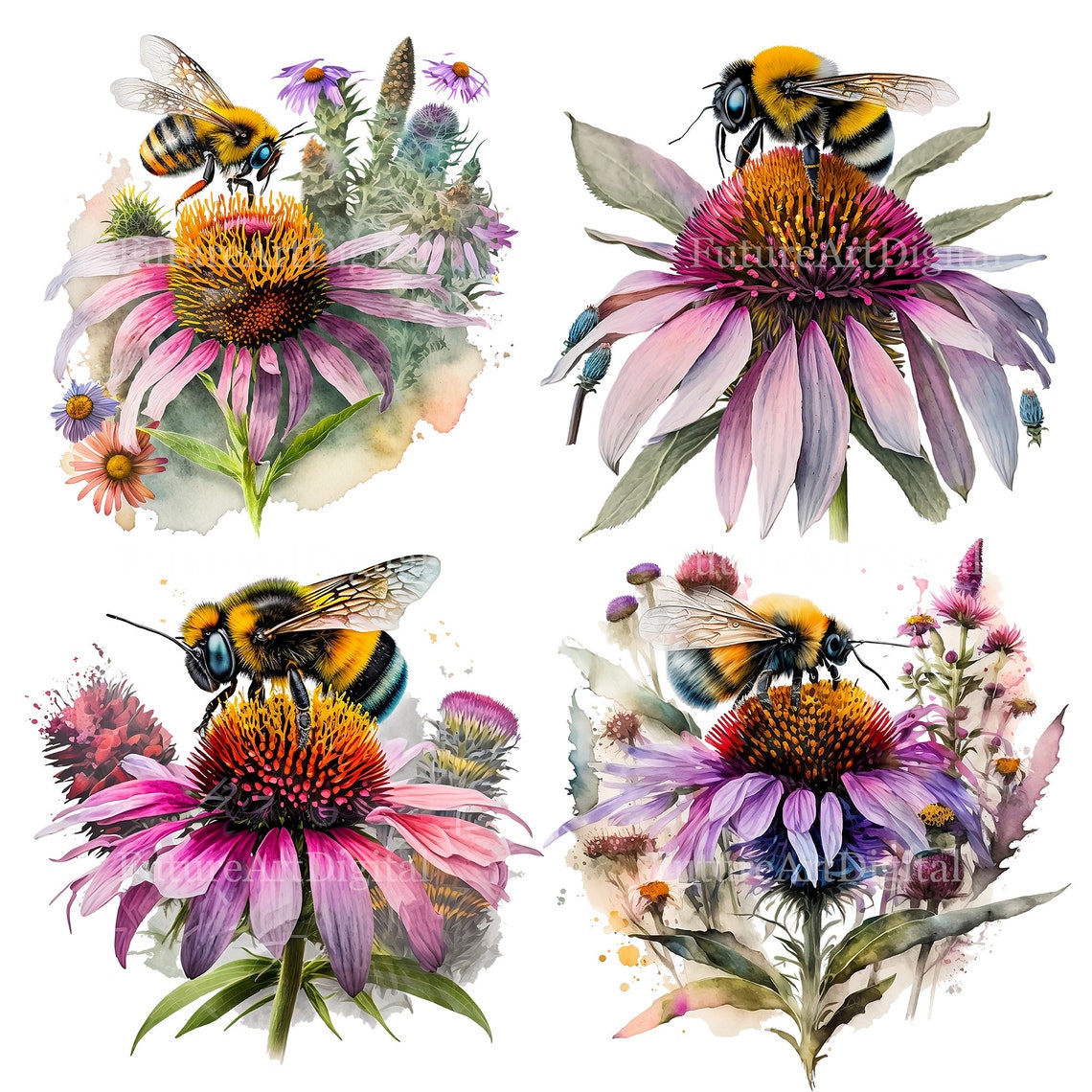 Watercolor Bee With Flowers PNG, Bee Digital Clipart, Bee Sublimation ...